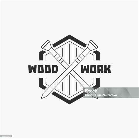 나무 작업장 선형 로고 벡터 템플릿입니다 목공 윤곽 선 아이콘이 있는 조인 점포 로고 타입 디자인 전문 목공 워크샵 엠블럼 타이포그래피와 교차 손톱 얇은 라인 그림 개념에