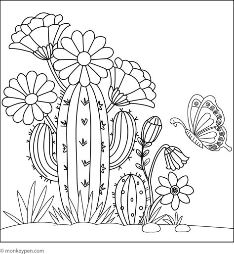 Cactus With Blooming Flowers Free Coloring Page