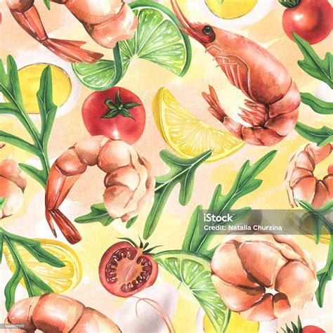 Arugula 레몬 석회 체리 토마토 계란과 함께 다양한 삶은 새우 수채화 그림입니다 Shrimp 컬렉션의 흰색 배경에 매끄러운 패턴 디자인 및 디자인 갑각류에 대한 스톡