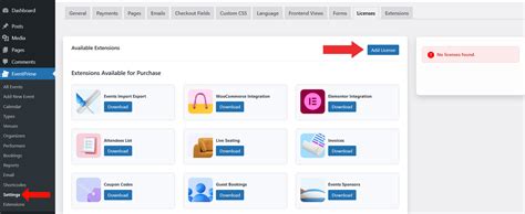 Add Licence Button Settings Submenu Eventprime