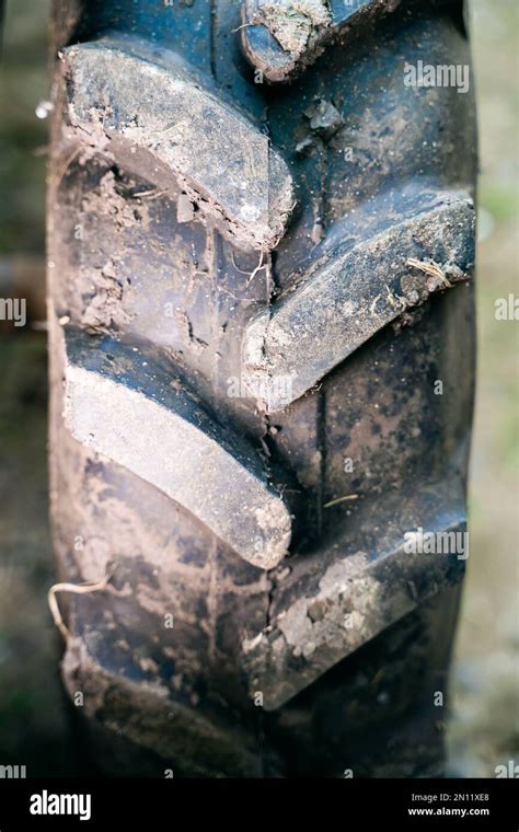 Volumetric Rubber Tread On A Tractor Wheel Close Up Mud Tire Pattern For Greater Cross Country