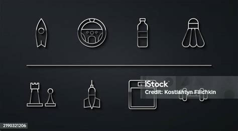 세트 라인 서핑 보드 체스 배드민턴 셔틀콕 욕실 저울 다트 화살표 스티어링 휠 덤벨 및 물병 아이콘 벡터 건강한 생활방식에 대한