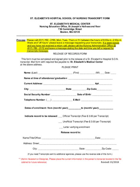 Fillable Online St Elizabeths Hospital School Of Nursing Transcript Form Fax Email Print