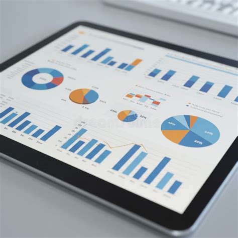 Tablet Displaying Data Visualizations Including Bar Pie And Line Charts The Charts Stock