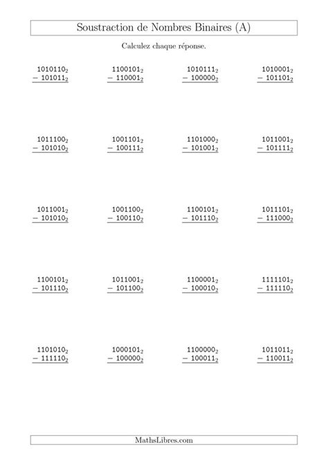 Soustraction de Nombres Binaires Base 2 A Fiches d Exercices sur les Opérations Mixtes
