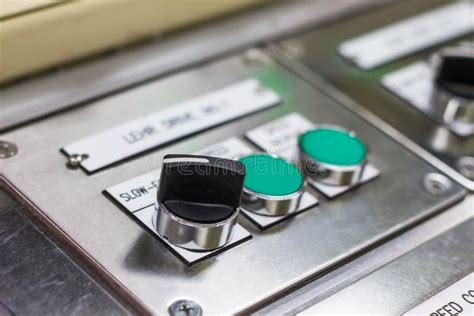 Push Button And Display On Control Panel With Electric Light Devices Selective Focus Stock Image