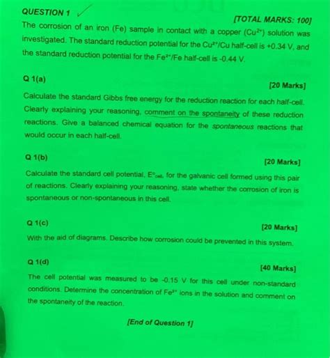 solved question 1 [total marks 100] the corrosion of an