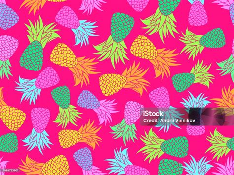 컬러풀 파인애플 이음매 없는 패턴 여름 과일 패턴입니다 여러 가지 빛깔의 파인애플 티셔츠를 위한 열대 배경 종이와 천에 인쇄 벡터 그림 0명에 대한 스톡 벡터 아트 및 기타