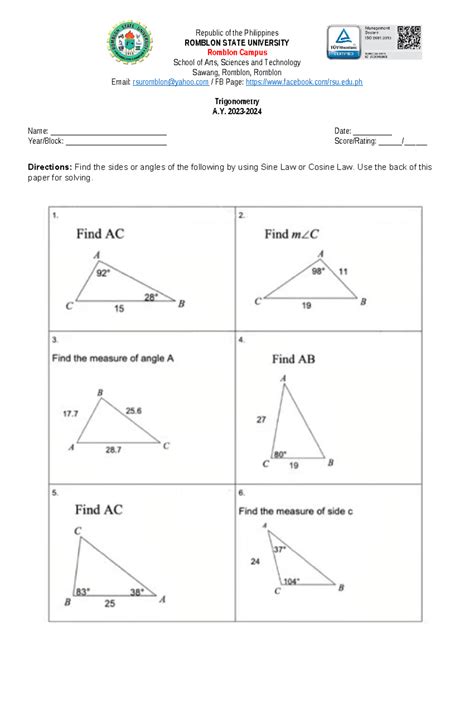 Sine Law And Cosine Law Bsed Math Republic Of The Philippines