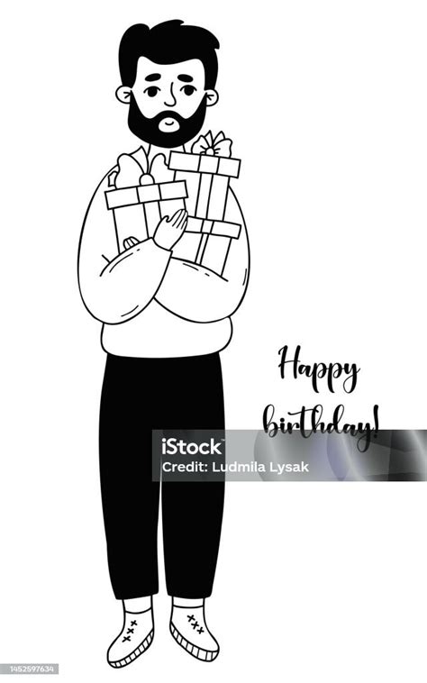선물 상자를 들고 전체 길이의 행복한 수염 난 남자 낙서 스타일의 벡터 손 그리기 텍스트가 있는 남성 축제 캐릭터 생일 축하합니다 Sketch Comedy에 대한 스톡 벡터