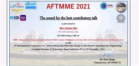 Ravi Shankar Rai On Linkedin Award For The Best Contributory Talk In Aftmme 2021 Conference At