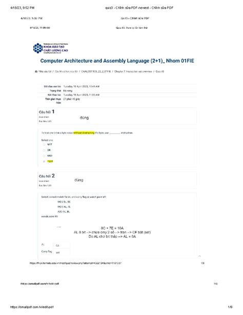 Quiz3 Tham Khao Quiz3 Test Lần 3 Caal Tham Khảo đáp án Computer Architecture And
