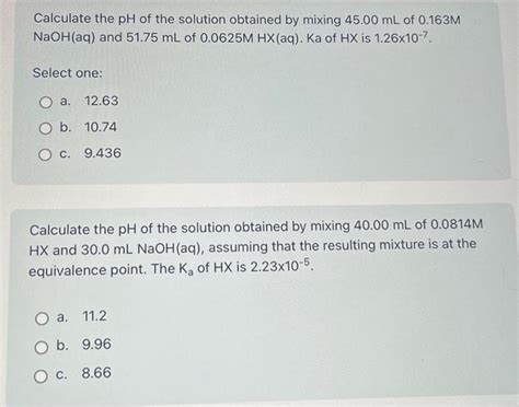 Solved Calculate The Ph Of The Solution Obtained By Mixing Chegg Com
