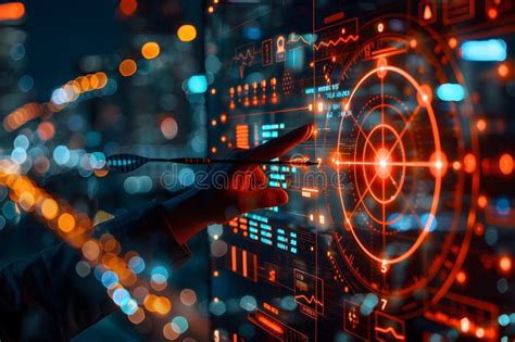 Futuristic Data Interface With Hand Interacting With Digital Dashboard