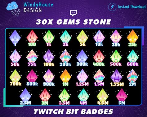 30x Gems Stone Twitch Bit Badges Complete Twitch Bit Badges Set
