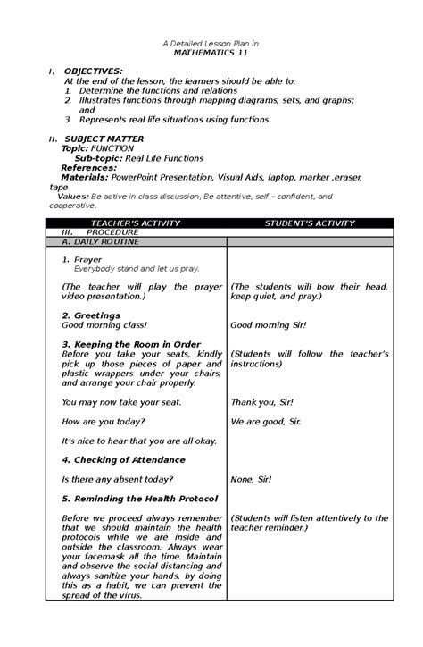 Real Life Functions Lesson Plan A Detailed Lesson Plan In