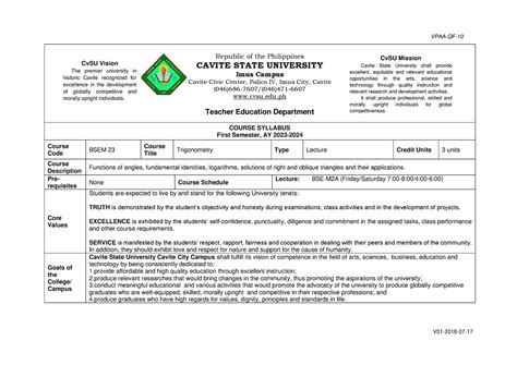 Syllabus Bsem 23 1 Republic Of The Philippines Cavite State University Imus Campus Cavite