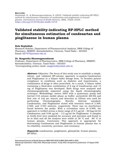 PDF Validated Stability Indicating RP HPLC Method For Simultaneous Estimation Of Candesartan