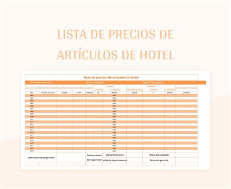 Plantilla De Excel Lista De Precios De Artículos De Hotel Y Hoja De