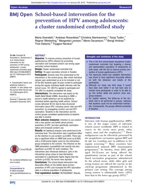 Pdf School Based Intervention For The Prevention Of Hpv Among Adolescents A Cluster