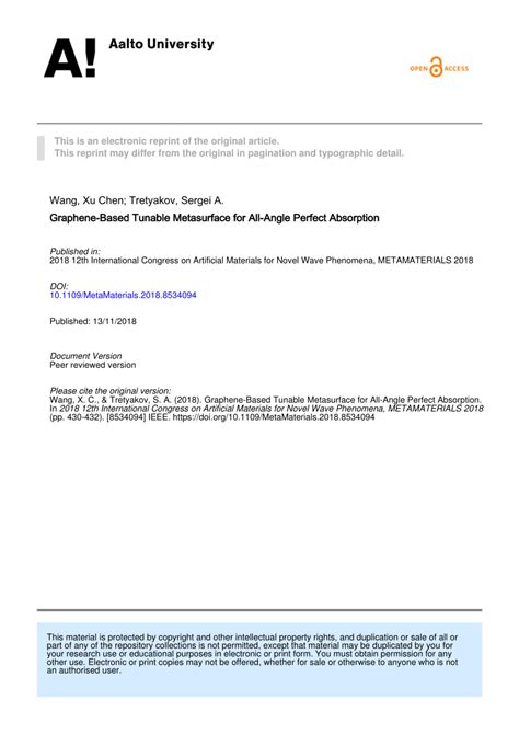 Pdf Graphene Based Tunable Metasurface For All Angle Perfect Absorption