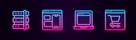 라인 서버 웹 개발자 프로그래밍 코드 브라우저 창이 있는 노트북 및 화면에 온라인 쇼핑을 설정합니다 빛나는 네온 아이콘입니다 벡터 개발에 대한 스톡 벡터 아트 및 기타