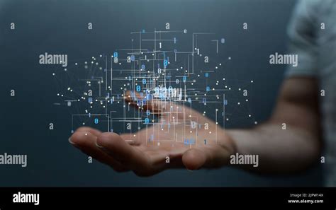 A 3d Render Of Floating Binary Codes Connected With Lines Over A Mans