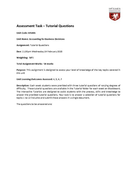 Hi5001 Tutorial Question Assignment T3 2020 Final Assessment Task 3