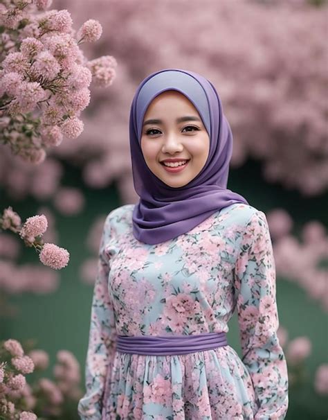 히자브와 드레스를 입은 아름다운 이슬람 소녀가 시청자 포즈에 미소 짓고 있습니다 프리미엄 Ai 생성 이미지