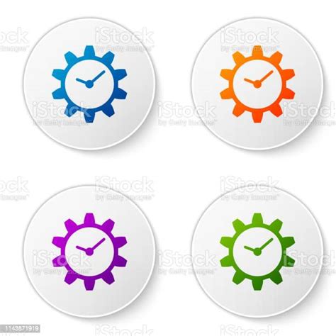 색상 시간 관리 아이콘 흰색 배경에 고립입니다 시계 및 기어 기호입니다 원 버튼의 색상 아이콘을 설정 합니다 벡터 일러스트 0