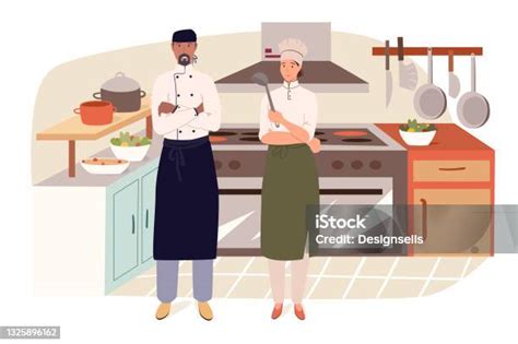 주방 웹 컨셉의 레스토랑 직원 주방에서 요리사와 보조 요리 케이터링 요리에서 요리를 준비 사람 장면 템플릿입니다 플랫 디자인의 문자벡터 일러스트레이션 개념에 대한 스톡 벡터