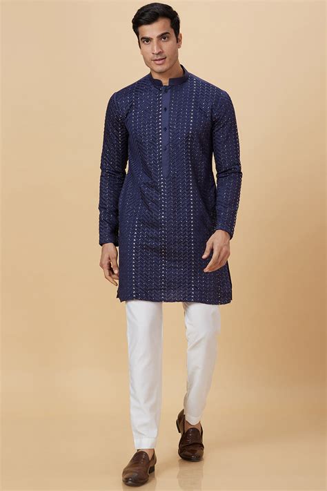 Kurta Navy Zig Zag Sequence Embroidery Qalaonline