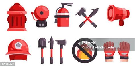 소방관 도구 모음 세트 아이콘 개체 화재 기호 메가폰 삽 소방 도끼 헬멧 경보 소화전 및 소화기 비상 보호 안전 구조 없음