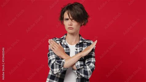 Vidéo Stock Serious Strict Severe Young Woman 20s She Wears Basic White