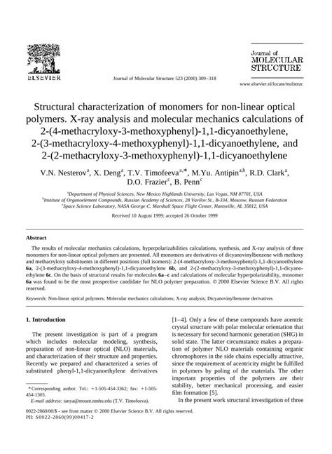 Pdf Structural Characterization Of Monomers For Non Linear Optical