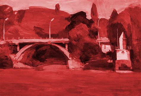 잔디와 나무가 있는 강산 경사면을 가로지르는 복고풍 스타일의 석조 다리의 일러스트 풍경이 어조와 강의 석양을 배경으로 합니다 강에 대한 스톡 벡터 아트 및 기타 이미지