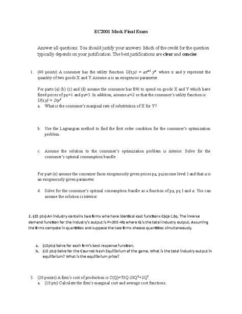 Ec2001 Mock Final Exam Ec2001 Mock Final Exam Answer All Questions