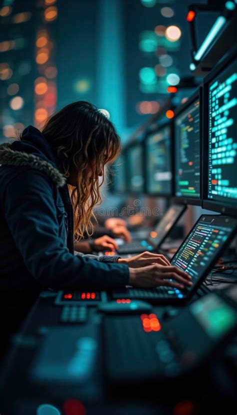 Woman Works On Data Analysis In Modern Tech Center Focus On Coding