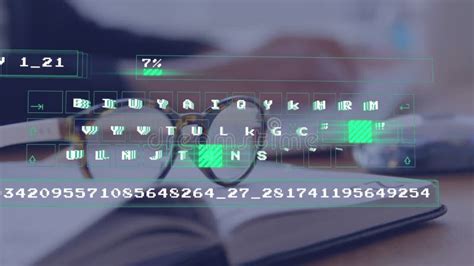 Animation Of Virtual Keyboard Data Processing Against Glasses Over Open Book On Wooden Table