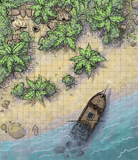Fantasy Beach Map Shipwreck Dandd Map With Camp Jungle Palm Trees