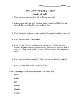 The Giver Novel Reading Guide By WilliamsELA Teachers Pay Teachers
