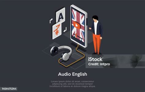 오디오 언어 원격 학습 다국어 번역가 앱 외국어 온라인 학습 남성 캐릭터 헤드폰에서 오디오 영어 코스를 듣는 남자 아이소메트릭