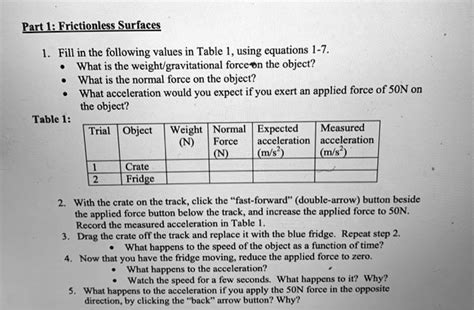 Part 1frictionless Surfaces 1 Fill In The Following Values In Table