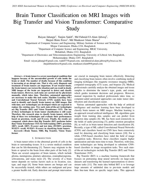 Pdf Brain Tumor Classification On Mri Images With Big Transfer And