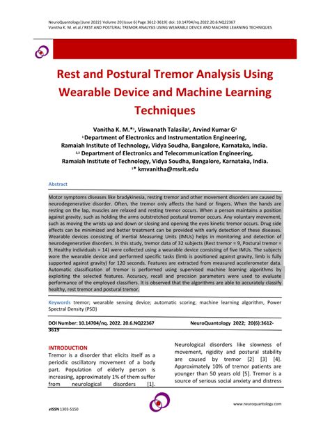 Pdf Rest And Postural Tremor Analysis Using Wearable Device And Machine Learning Techniques