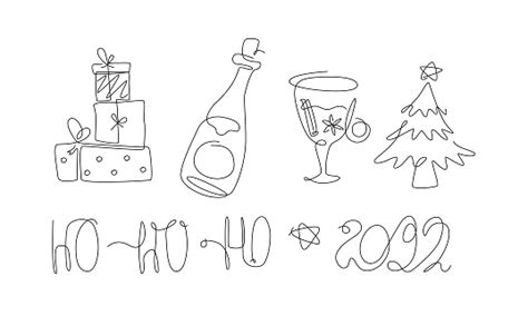 메리 크리스마스 세트 한 줄 세트 새해 요소 라인 아트 크리스마스 트리와 선물과 X 마스 컬렉션 호호호 연속 라인 2022 년 개요 겨울 라인아트에 대한 스톡 벡터 아트 및