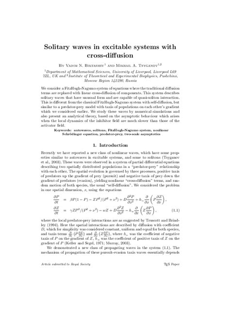 Pdf Solitary Waves In Excitable Systems With Cross Diusion