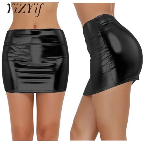 Yizyif Women Skirts Sexy Bandage Shiny Patent Leather Skirt Sexy Wetlook Mini Skirt High Waist