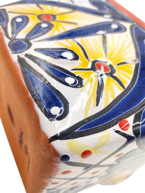 Mexican Talavera Cuadrito Pirámide Planter Hand Painted Red Trim
