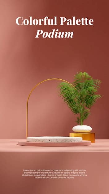 Золотая арка пальма красная стена 3d изображение рендеринг пустая сцена цилиндр терраццо подиум